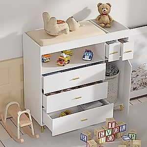 PAKASEPT Changing Table with Drawers, White Drawer Dresser, Changing Table Dresser with 5 Drawer & Cabinet