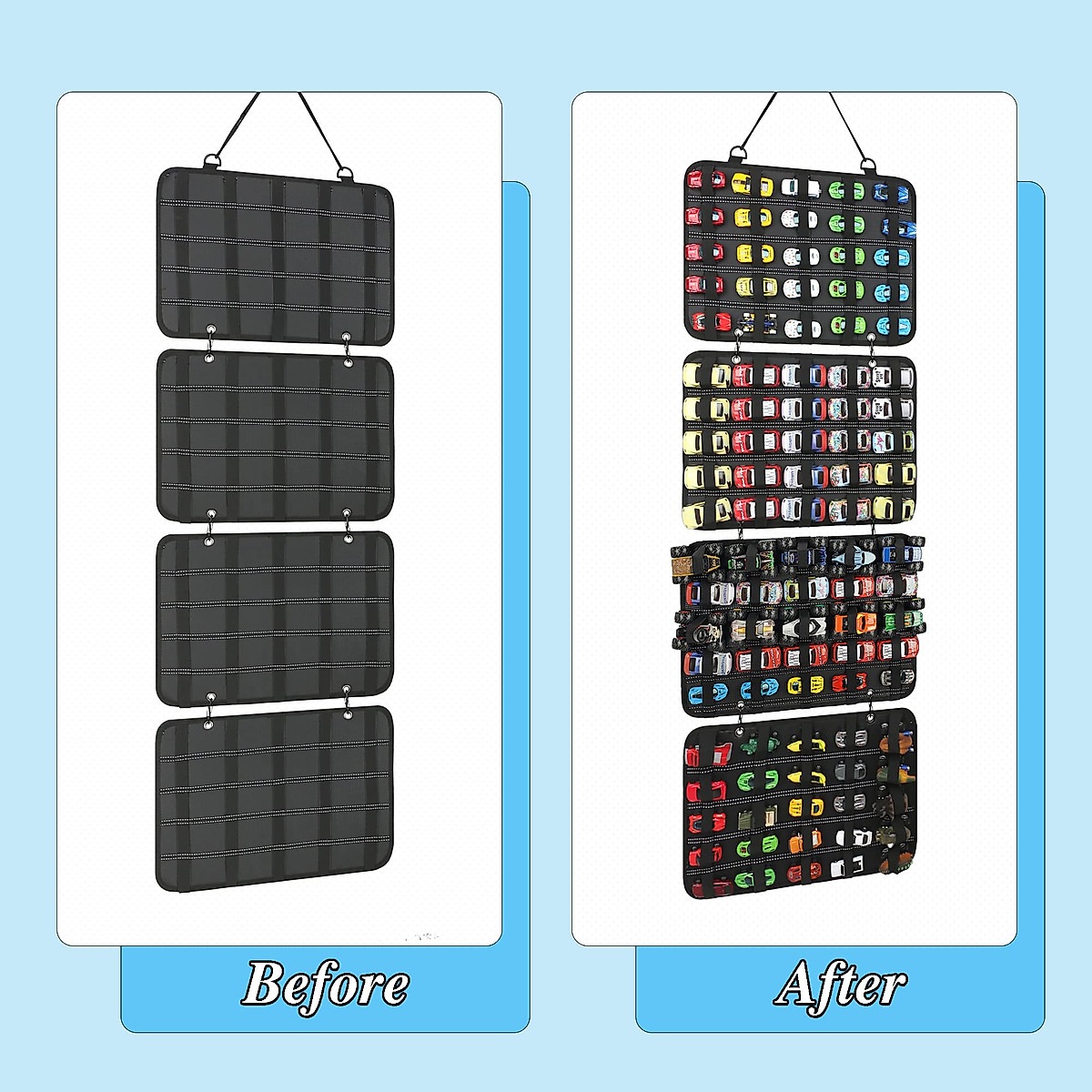 KISLANE Hanging Display Case for Toy Car, 4 in 1 Storage Compatible with Toy Car Hanging Storage Organizer Fit for 100 Matchbox Car, Monster trucks