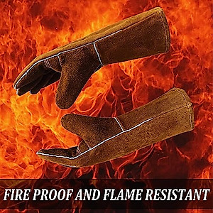 OLSON DEEPAK Welding Gloves HEAT RESISTANT Baking Grill Gloves Tig and Mig Welder Gloves Fireplace Gloves for Fireproof Wood Stove Glove (Brown-14inch)