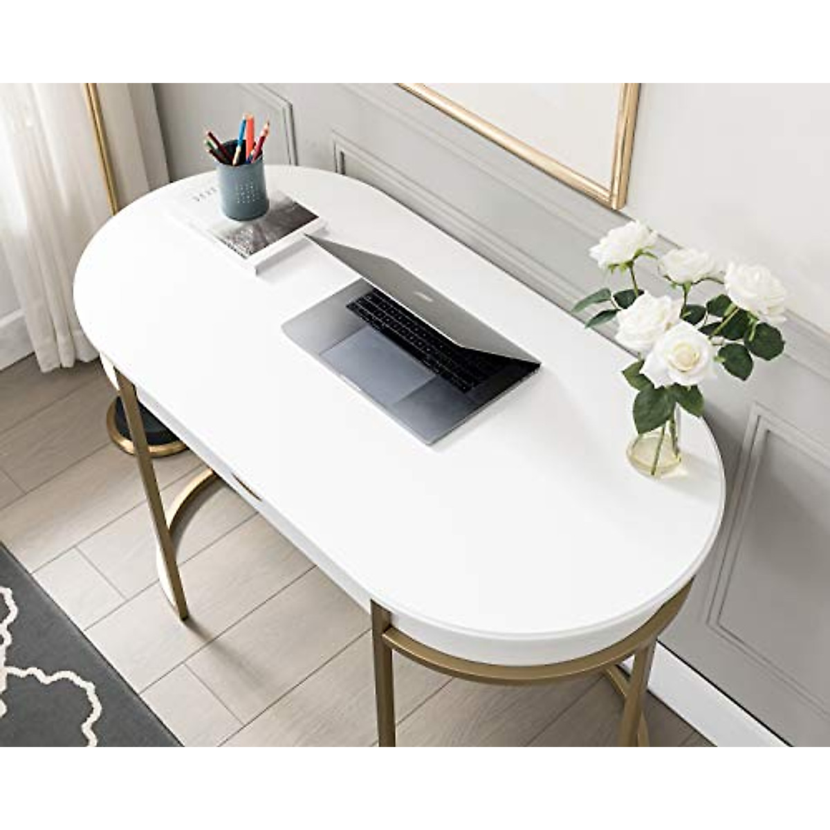 Leick Home 85405 Oval Metal Leg Desk with Drop Front Keyboard Drawer, Cottage White/Gold
