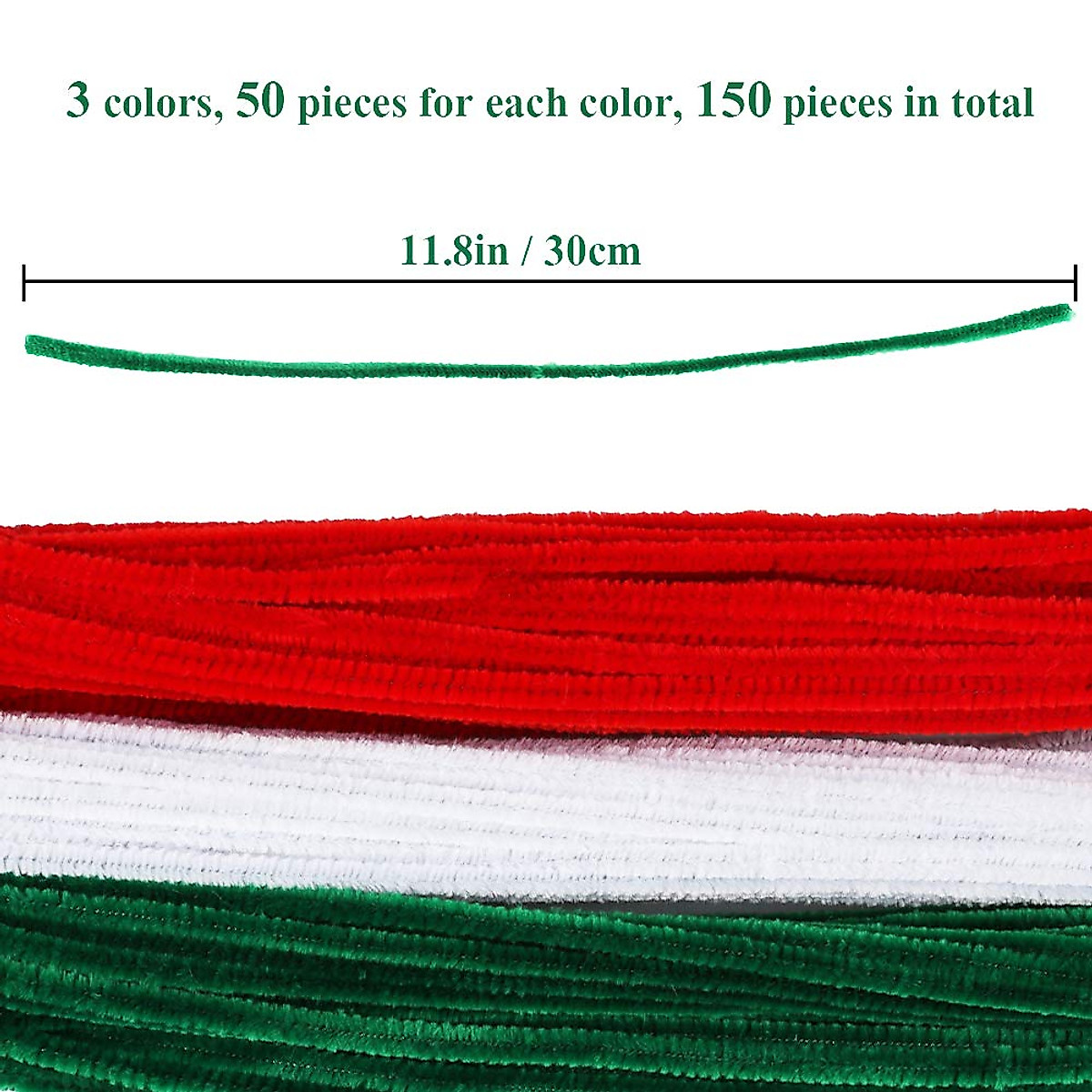 150 Pieces Christmas Pipe Cleaners Chenille Stem,50 White Craft Pipe Cleaners,50 Green Chenille Stems Pipe Cleaners, and 50 Red Pipe Cleaners for Arts and Crafts, Xmas Home Decoration