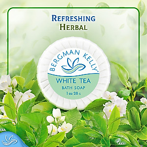 BERGMAN KELLY Round Soap Bars, 2in1 Shampoo & Conditioner, and Travel Size Lotion 3-Piece Set (White Tea, 1 oz ea, 75 pc), Revitalizing & Refreshing Sanitary Toiletries Hotel Amenities