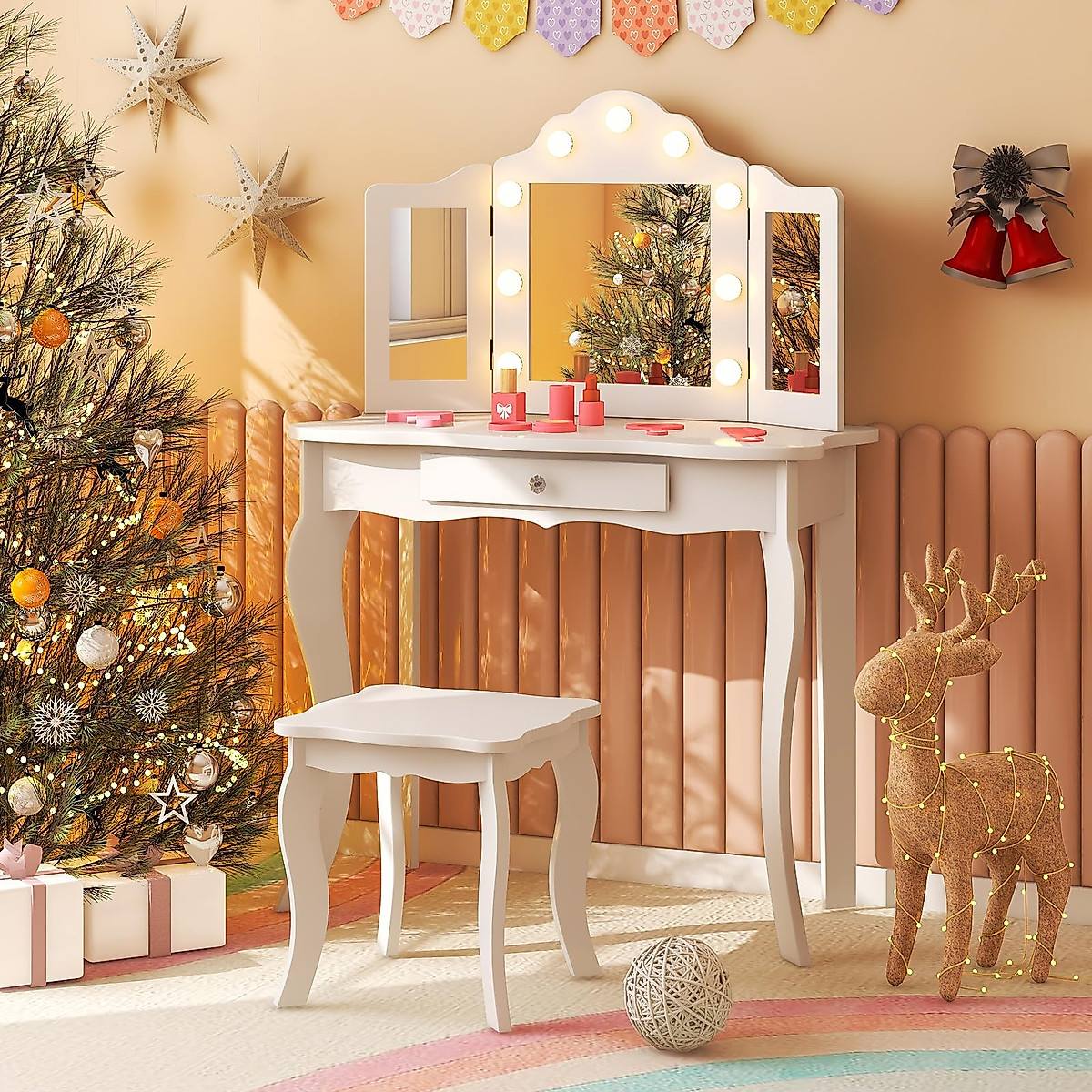 AKUSTIK Kids Vanity with Lights, 2 in 1 Wooden Dressing Table and Chair Set with Tri-Folding Mirror, Stool, Storage Drawer, Toddlers Pretend Princess Beauty Playset Toy Gift for Little Girls