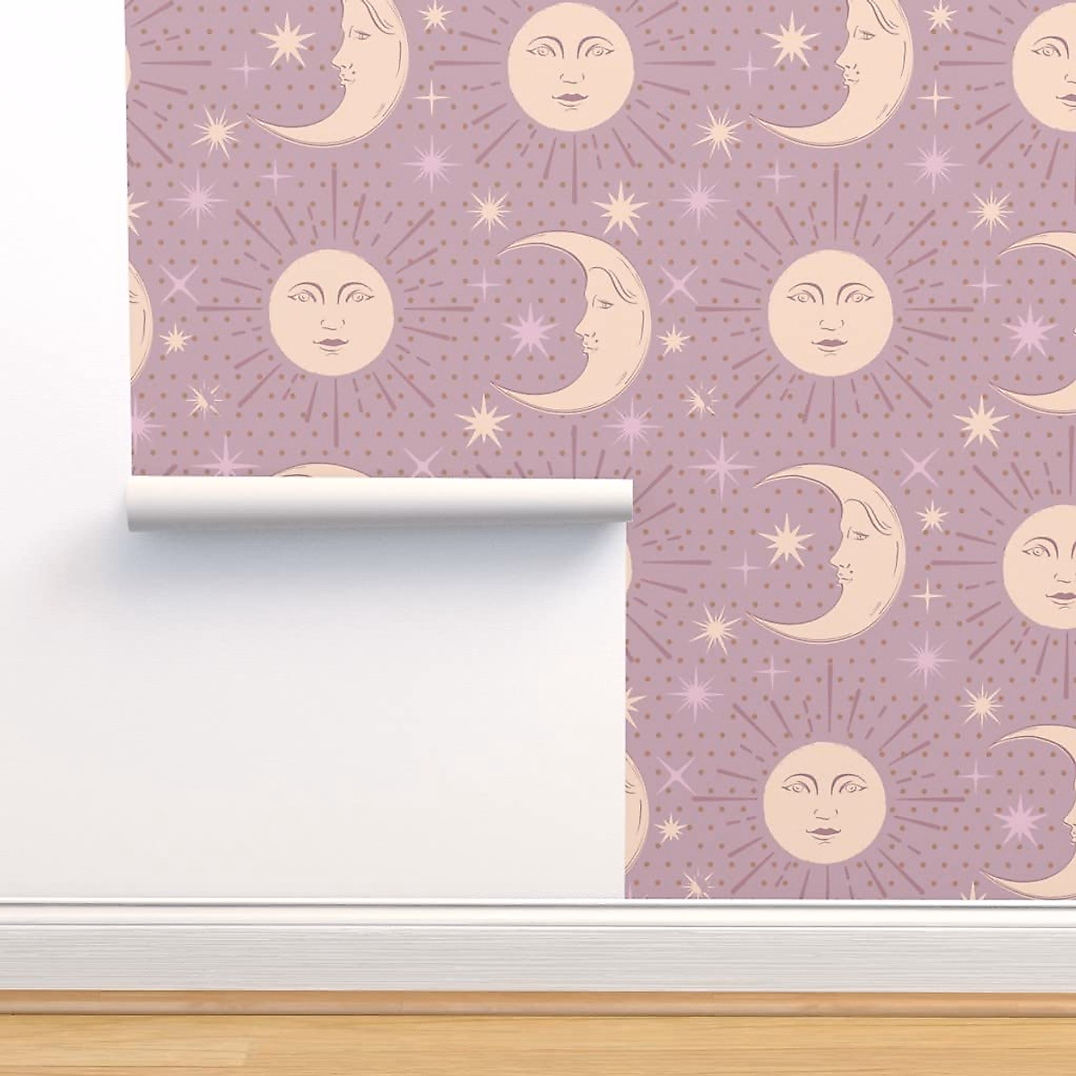 Peel & Stick Wallpaper Swatch - Purple Suns Boho Stars Mauve Celestial Moon Sky Custom Removable Wallpaper by Spoonflower