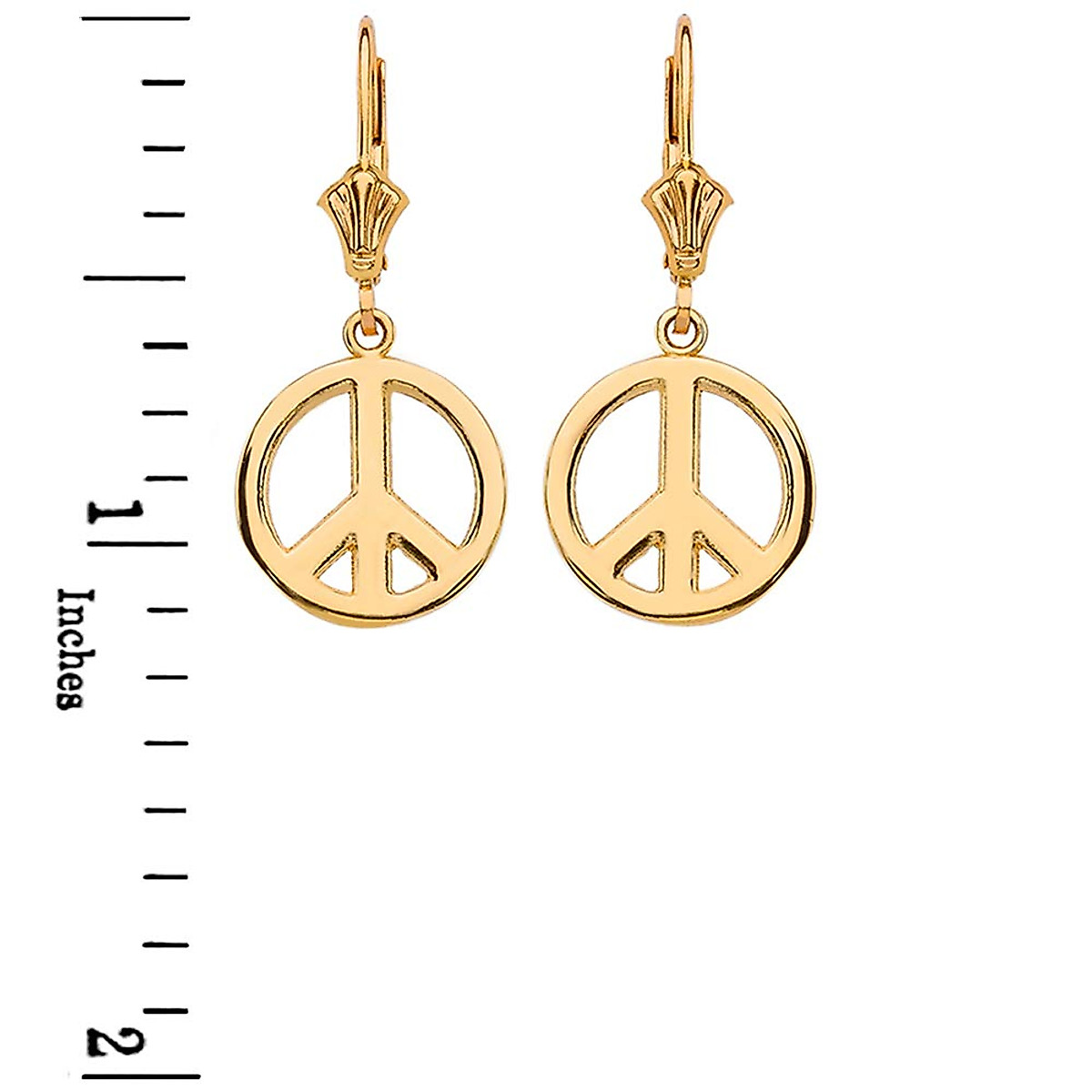 Polished 10k Yellow Gold Boho Peace Sign Leverback Earrings