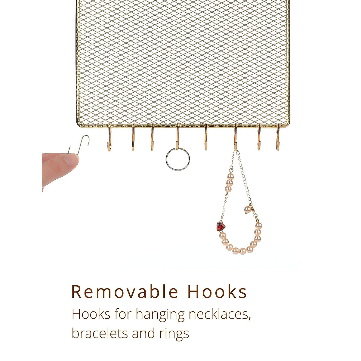 Heesch 2 Pack Earring Holder Wall Mounted Hanging Jewelry Organizer Display Decorative Metal Diamond Shape with Hooks for Necklaces Bracelets (Gold)