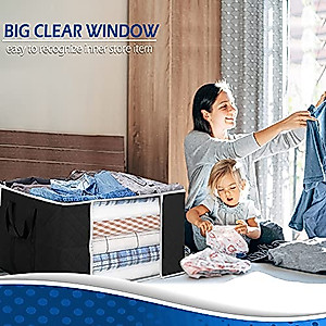 4-Pack Set-Solid Black Large Capacity 90L Storage Underbed Bag Organizer Foldable with Zipper, Clear Window and Reinforced Handle for Containers, Pillows, Comforters, Blankets, Bedding, Quilts, Clothes, made Non Woven Breathable Fabric