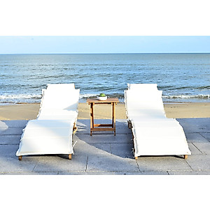 SAFAVIEH Outdoor Collection Pacifica Natural Brown Solid Wood/Beige Cushion 3-Piece Chaise Lounge Set with Table (PAT7020B)