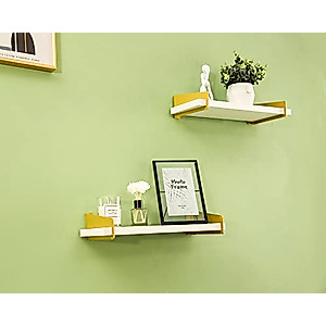 Firsttry Floating Shelves ,Gold Metal Brackets White Rustic Wood Wall Storage Shelf , Photo Display Ledges,for Bathroom, Living Room, Bedroom, Kitchen, Office, Bookshelf。