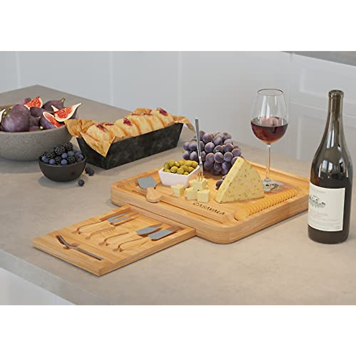 Bamboo Cheese Board Set - Premium Cheeseboard Gift Set - Includes 4 Cheese Knives & 10 Cheese Forks- charcuterie board set, Fruit, Cured Meat Serving Platter With Drawer- Ideal For Parties & Events
