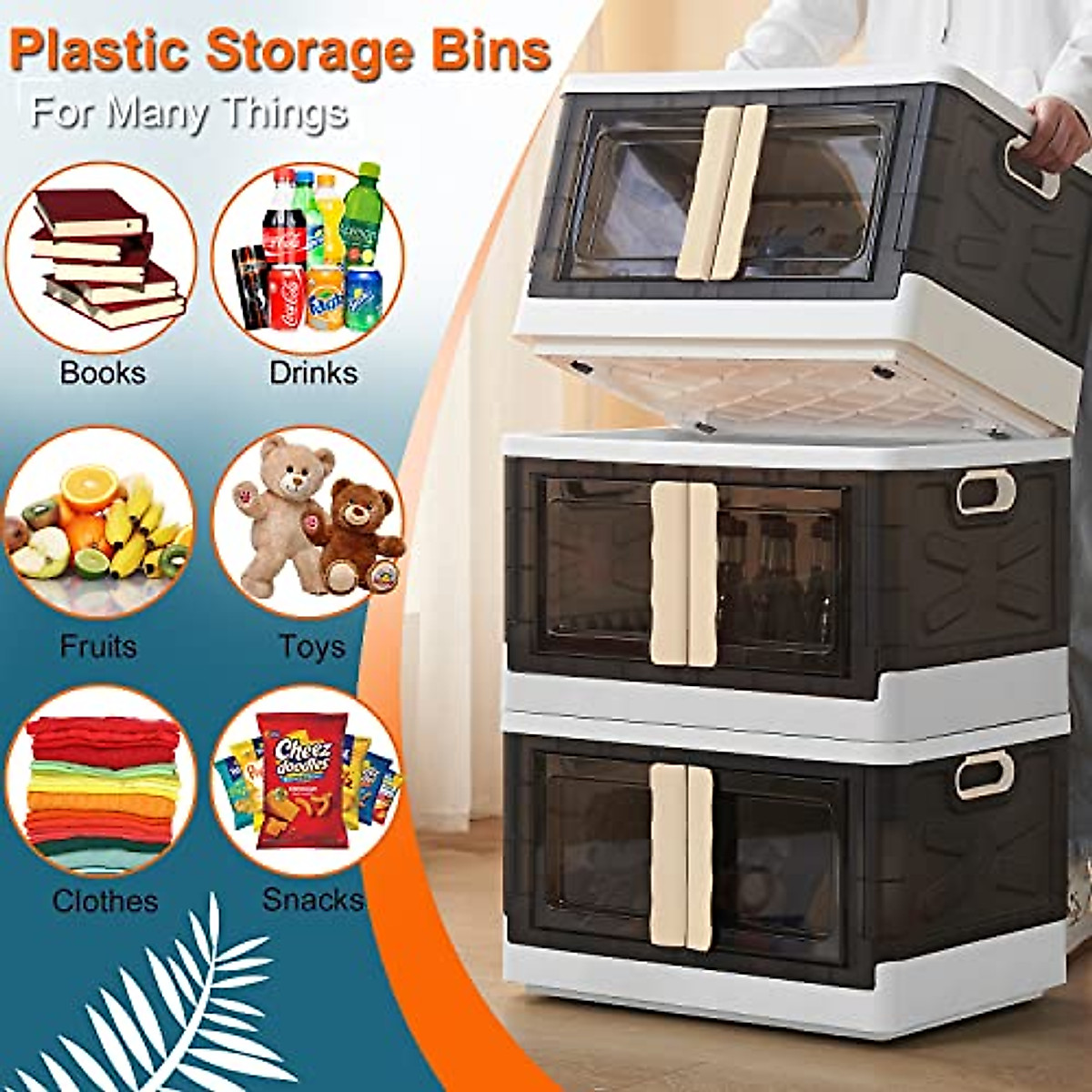 XJJX Large Storage Bins with Lids,10.5Gal Folding Storage Box with Wheels,Handles,Dual Open Design,Closet Organizers and Storage for Organizing Clothes,Towels,Toys,Books,Snacks,Drinks,Fruits (Beige 2)