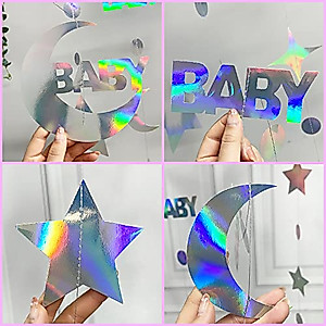 Iridescent Baby Garland Star Moon Circle Dot Streamer Holographic Baby Sign Twinkle Twinkle Little Star Hanging Banner for Baby Shower Oh Baby Welcome Baby Gender Reveal Party Decorations Supplies