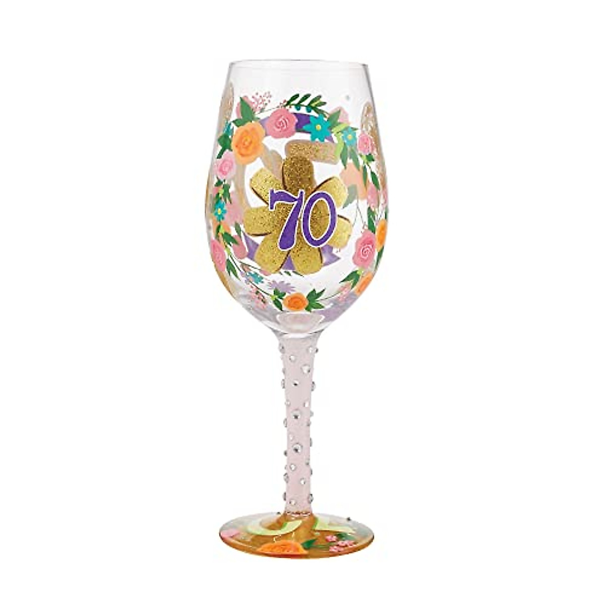 Enesco Designs by Lolita Happy 70th Birthday Hand-Painted Artisan Wine Glass, 1 Count (Pack of 1), Multicolor