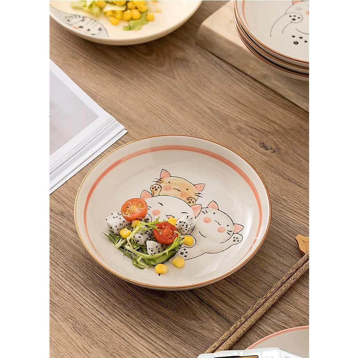 LAKistagu White Pasta Serving Bowls 24 Ounce,White Ceramic Cute Japanese Salad Dinner Bowl Plates.8 Inch Porcelain Pasta Shallow Bowl Deep Plate.(Round Cat)