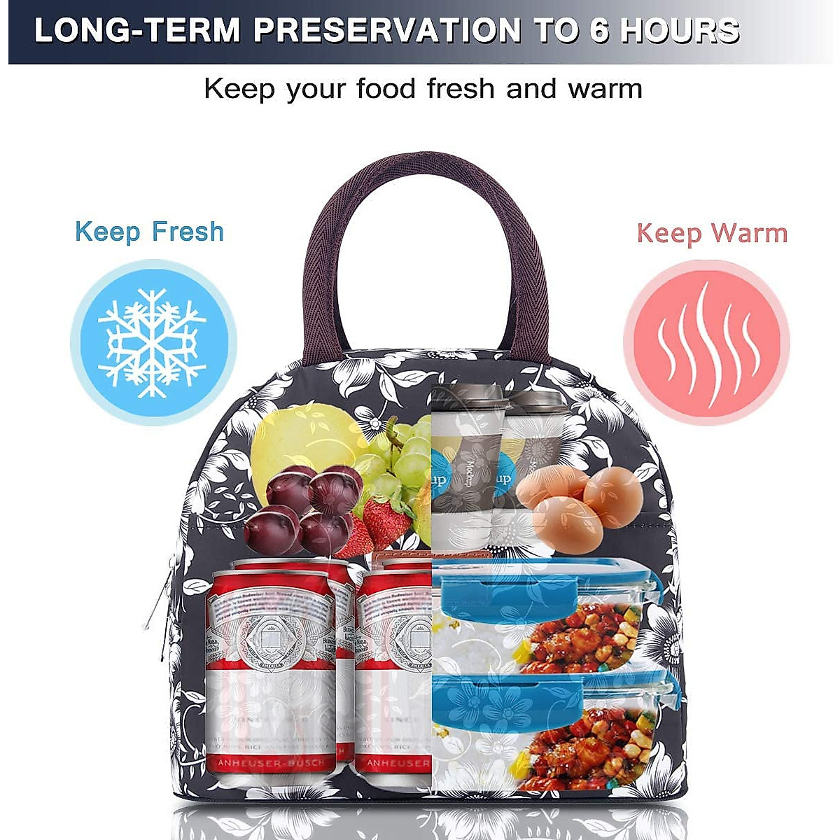 BALORAY Lunch Bag for Women Men Insulated Lunch Box for Adult Reusable Lunch Tote Bag for Work, Picnic or Travel (White Flower)