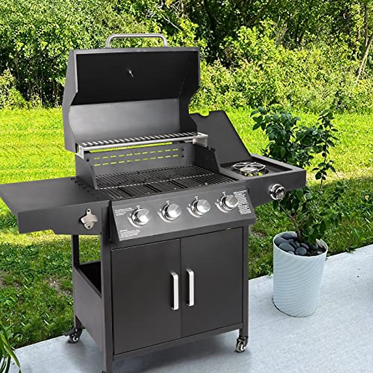 Propane Gas Grill 4 Burners with Side Burner Freestanding Grill Cart with Wheels for Outdoor Garden Cooking Barbecue Grill, Black