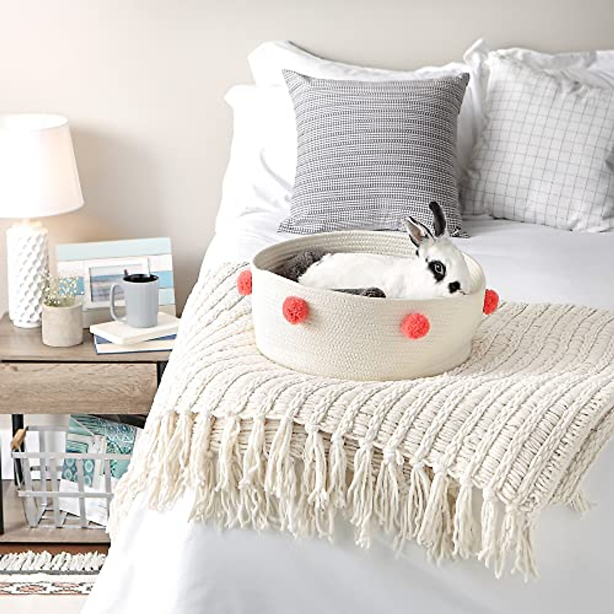 Bone Dry Pet Storage Collection Decorative Cotton Rope Basket/Bed, 15.75x6.25, White/Pink Pom Poms