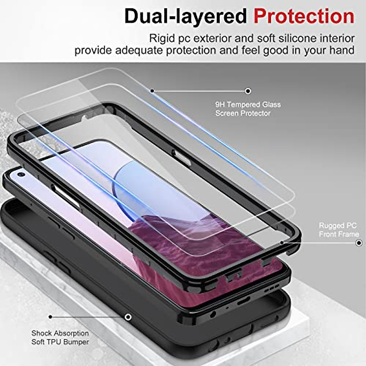LeYi OnePlus Nord N20 5G Case with 2 Tempered Glass Protectors, 360 Full-Body Shockproof Soft Silicone Cover, Black