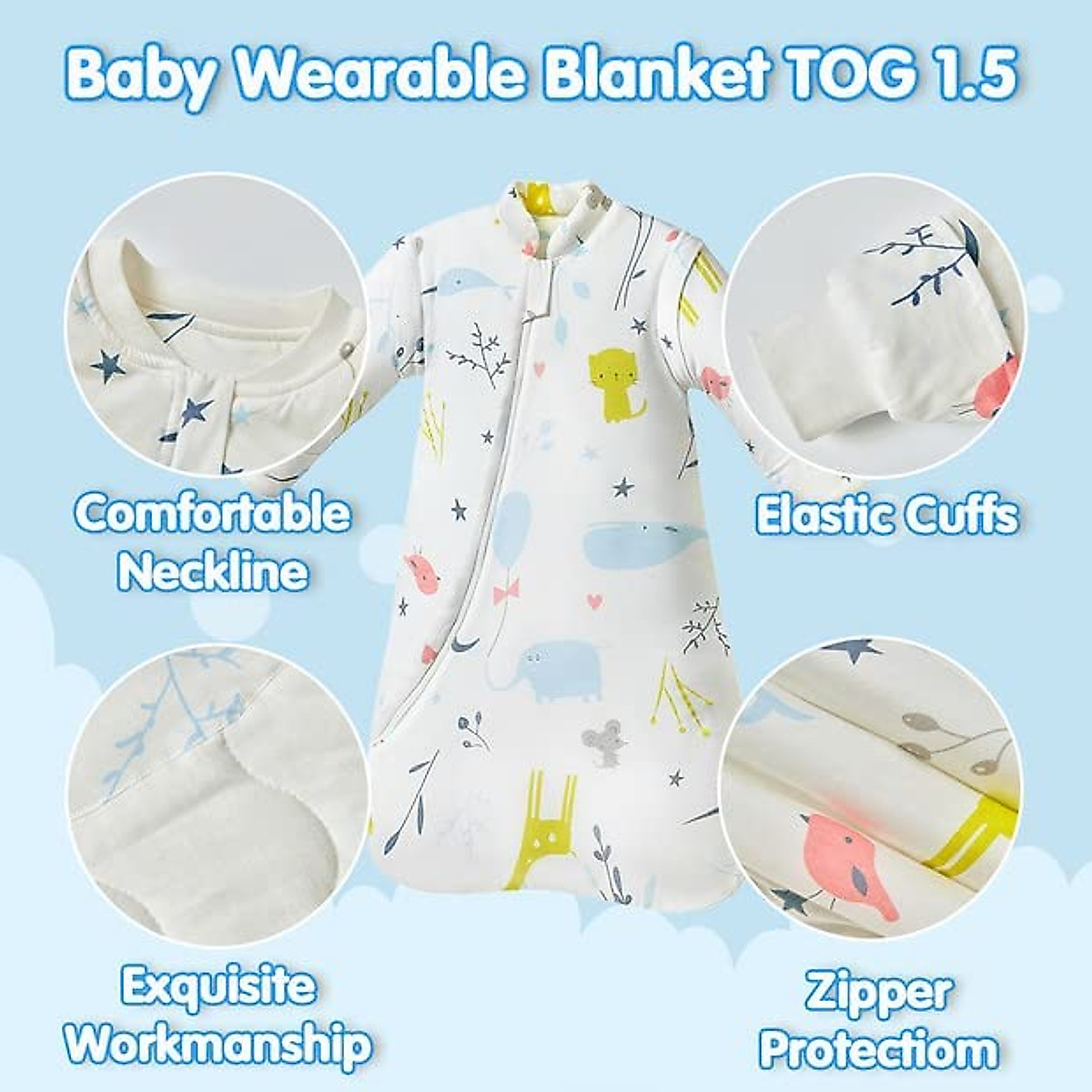 XIFAMNIY 1.5 TOG Baby Wearable Blanket Detachable Long Sleeve Swaddle Toddler Kids Sleeping Bag
