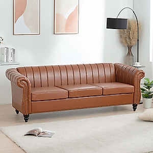TMEOSK 84" PU Leather Sofa Couch, Mid-Century Modern Chesterfield Three Seater Sofa, Loveseat Sofa with Rolled Arm for Living Room, Dorm, Office (Brown)