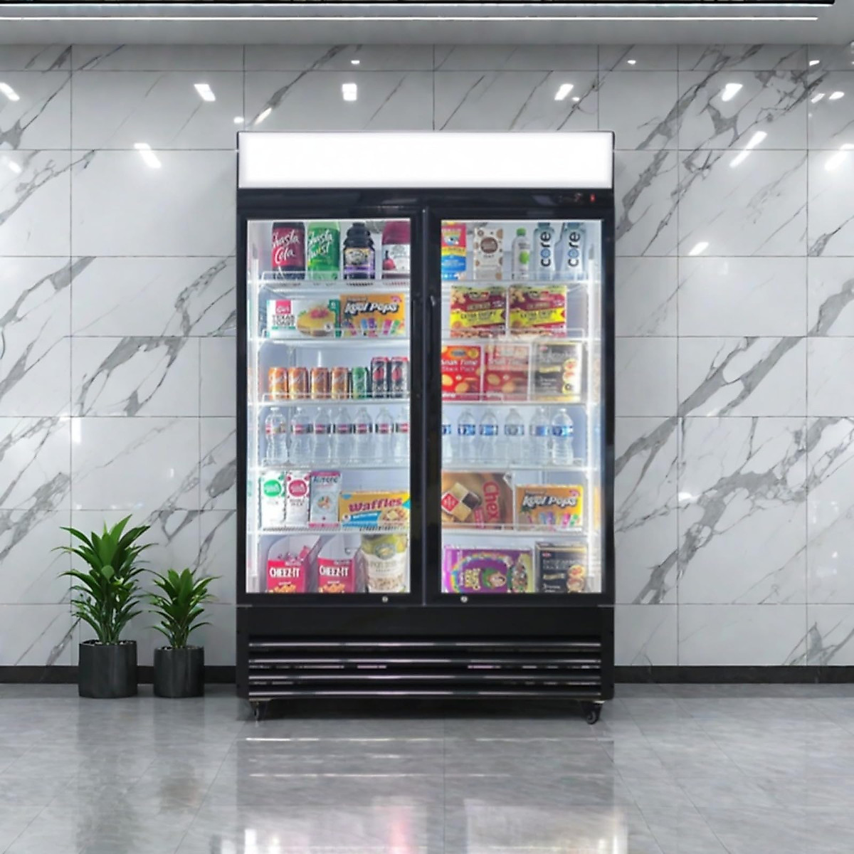 FRICOOL Merchandiser Refrigerator with 2 Glass Doors, 31 cu ft Beverage Display Cooler, Upright Fridge with LED Lighting, Adjustable Shelves for Beverages, Beer and Drinks, Swing Door, Black