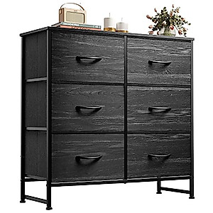 WLIVE Fabric Dresser for Bedroom, 6 Drawer Double Dresser, Storage Tower with Fabric Bins, Chest of Drawers for Closet, Living Room, Hallway, Nursery, Charcoal Black Wood Grain Print