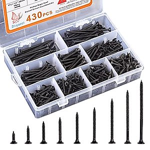 430PCS Premium Drywall Screws, Quality Black Steel #7 Sharp Point Self Tapping Screws with Phillips Drive, 9 Different Sizes Screws Assortment Set, Ideal Screw for Drywall Sheetrock, Wood