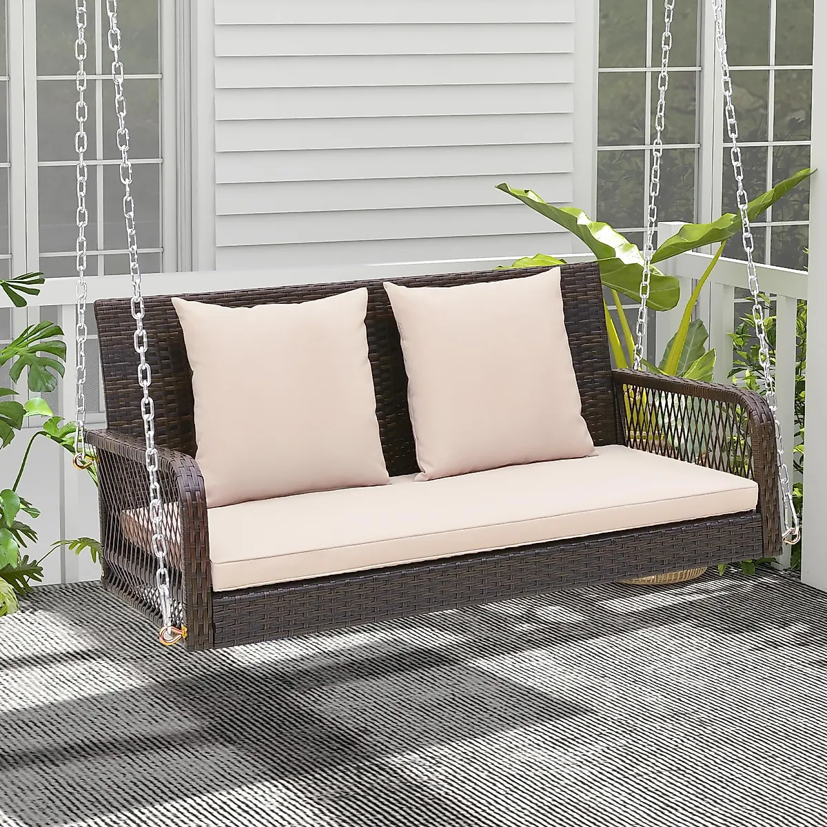 Tangkula Wicker Outdoor Porch Swing, 800 LBS Capacity Outdoor Swing Bench with Hanging Chains, Back and Seat Cushions, 2-Seater Hanging Patio Bench for Deck, Garden, Yard (Beige)