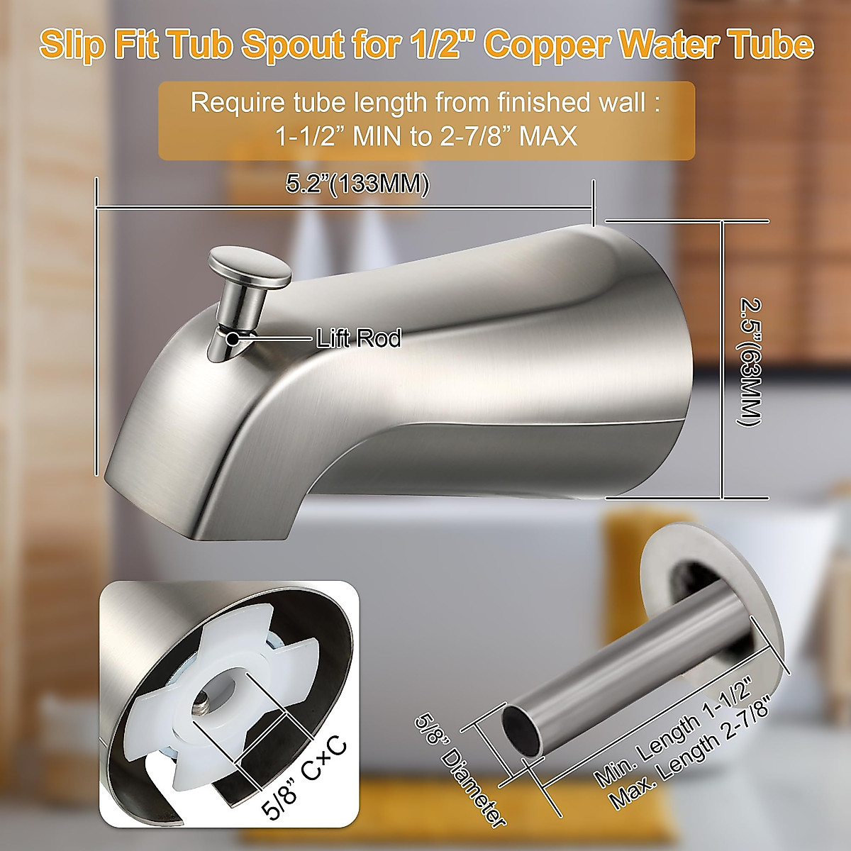 Dreyoo Slip On Diverter Tub Spout with Metal Cover Ring and Foam Gasket, Compatible with Kohler GP85556-CP, Bathroom Bathtub Faucet Set Replacement Fits 1/2'' Copper Water Tube(Brushed Nickel)