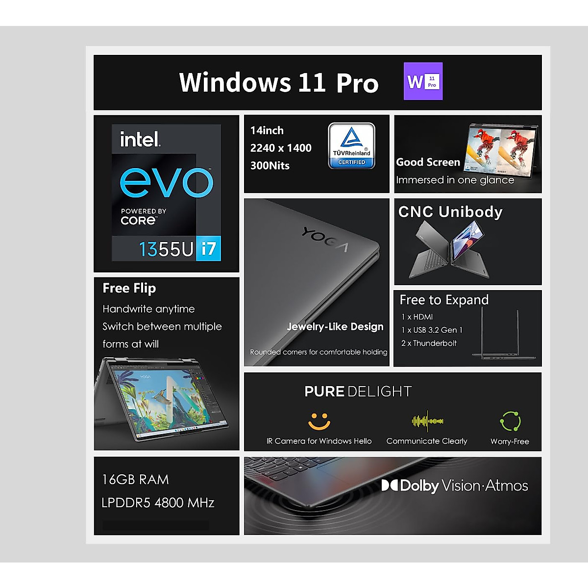 Lenovo Yoga 7i 2-in-1 14" 2.2K 16:10 Touchscreen 0.69" Slim Laptop Intel Evo 10-Core i7-1355U 2 x Thunderbolt Wi-Fi 6 Long Battery Life - 12H Win11Pro W/Stylus Pen (16GB RAM | 512GB PCIe SSD)