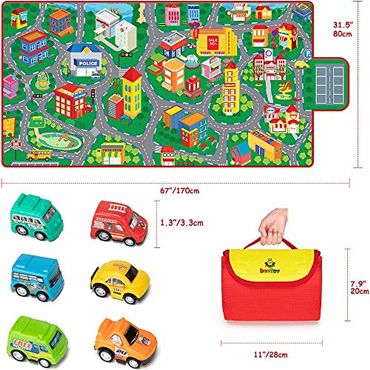 beetoy Car Rug Play Mat, Car Mat for Kids Toy Cars, Car Play Rug Toy Car Mat Large Car Play Mats for Kids City Life Race Car Track Rug Portable Anti-Slip Educational Rug with Roads for 6 Toy Cars