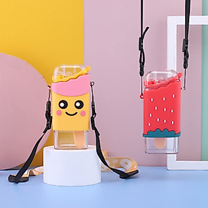 Cute Water Bottle with Straw, Kawaii Water Bottle Drinking Bottles Portable Sports Bottle with Shoulder Strap for School Office(01)