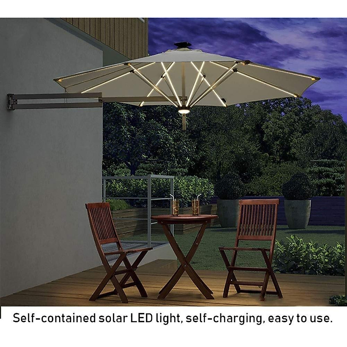 ROLTIN Parasol Garden Umbrella 250cm Wall Solar LED Lights and Metal Pole - Garden tilt Adjustment Sun Shade Umbrella