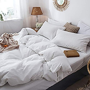 MooMee Bedding Duvet Cover Set 100% Washed Cotton Linen Like Textured Breathable Durable Soft Comfy (Off White, Queen)