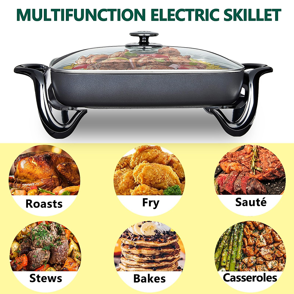 Electric Skillets Nonstick 16-Inch Extra-Large with Lids - Deep Electric Frying Pan, Adjustable Temperature, for Roast Fry Grill Stew Bake Make Casseroles and More, Black