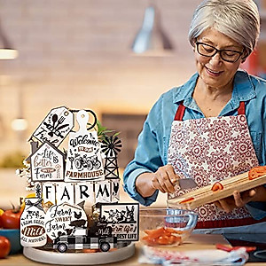 14 Pieces Farmhouse Tiered Tray Decor Home Tiered Tray Decor Rustic Wooden Home Decor Wood Bead Garland with Tassel Mount Window Frames Decor for Farmhouse Home Kitchen Shelf(Farm Style)