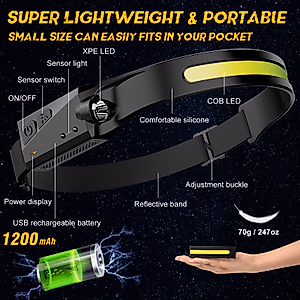 Avlxt LED Headlamp, 2 Pack Rechargeable Flashlight for Adults, 230 Wide Beam Headlight, Motion Sensor Head Lamp, Adjustable Headband Outdoor Waterproof Head Light for Running, Camping, Hiking