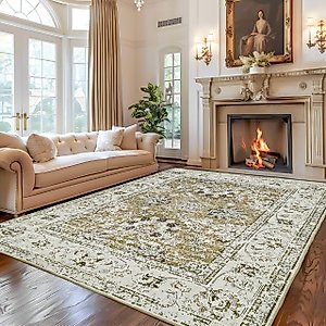 Andency 5x7 Area Rug for Living Room, Olive Green Washable Vintage Boho Bedroom Rug, Non-Slip Stain Resistant Door Mat, Retro Printed Indoor Home Decor Rug for Dining Room Kitchen