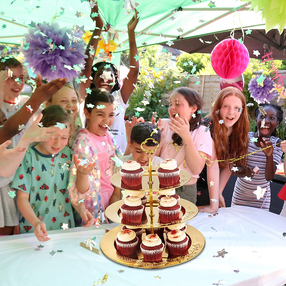 AKSHITHAA Large Food Grade Stainless Steel Three Tier Gold Cupcake Stand-Gold Dessert Stand-Gold Serving Tray-Three Tiered Gold Cake Stand for Weddings with Extra Gold Cake Server, Dishwasher Safe