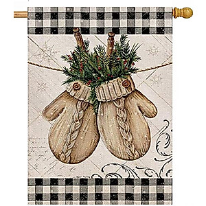Hzppyz Winter Gloves Home Decorative House Flag Buffalo Plaid Check Farmhouse Garden Yard Outdoor Large Burlap Flag Sign Christmas Outside Decoration Xmas Seasonal Decor Double Sided Black White 28x40
