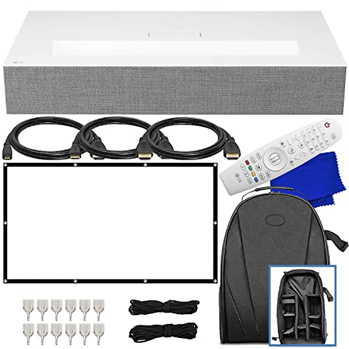 LG CineBeam HU85LA HDR XPR 4K UHD Ultra-Short Throw Laser DLP Home Theater Projector + 120” Foldable Projection Screen w/ 12x Adhesive Wall Mounts, Water-Resistant Backpack & More (20pc Bundle)