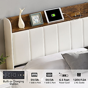 XKLOGER Upholstered Bed Frame King Size with Headboard, Platform King Bed Frame with Storage Drawers & Charging Station, No Box Spring Needed/Noise Free/Heavy Duty/White