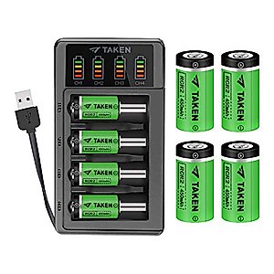Taken CR2 Rechargeable Batteries with Charger, 3.7V 450mAh CR2 Battery, 8 Pack RCR2 Battery with 4-Ports Charger (Not for Arlo Batteries)