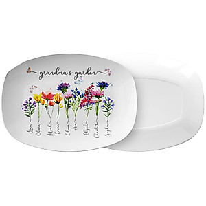 Custom Grandma's Garden Plate With Grandkids Names Family Name Watercolor Flowers Personalized Platter Unique Mothers Day Gift for Grandma Serving Trays Serving Plates for Fish Dish, Steak