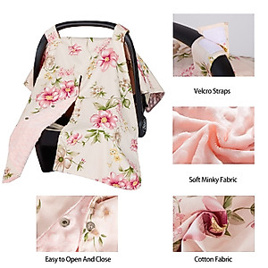 insular Floral Car Seat Covers for Babies, Infant Minky Car Seat Canopy Cover for Boys Girls, Newborn Carseat Cover, Breasstfeeding Nursing Cover, Rose