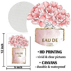 Lodintech Fashion Canvas Wall Art Girls Bedroom Wall Decor Pink Flower Perfume Unframed Art Prints Fashion Posters Living Room Women Office Decorations Red Lip Makeup Brush High Heels Painting (5pcs 8x12'')