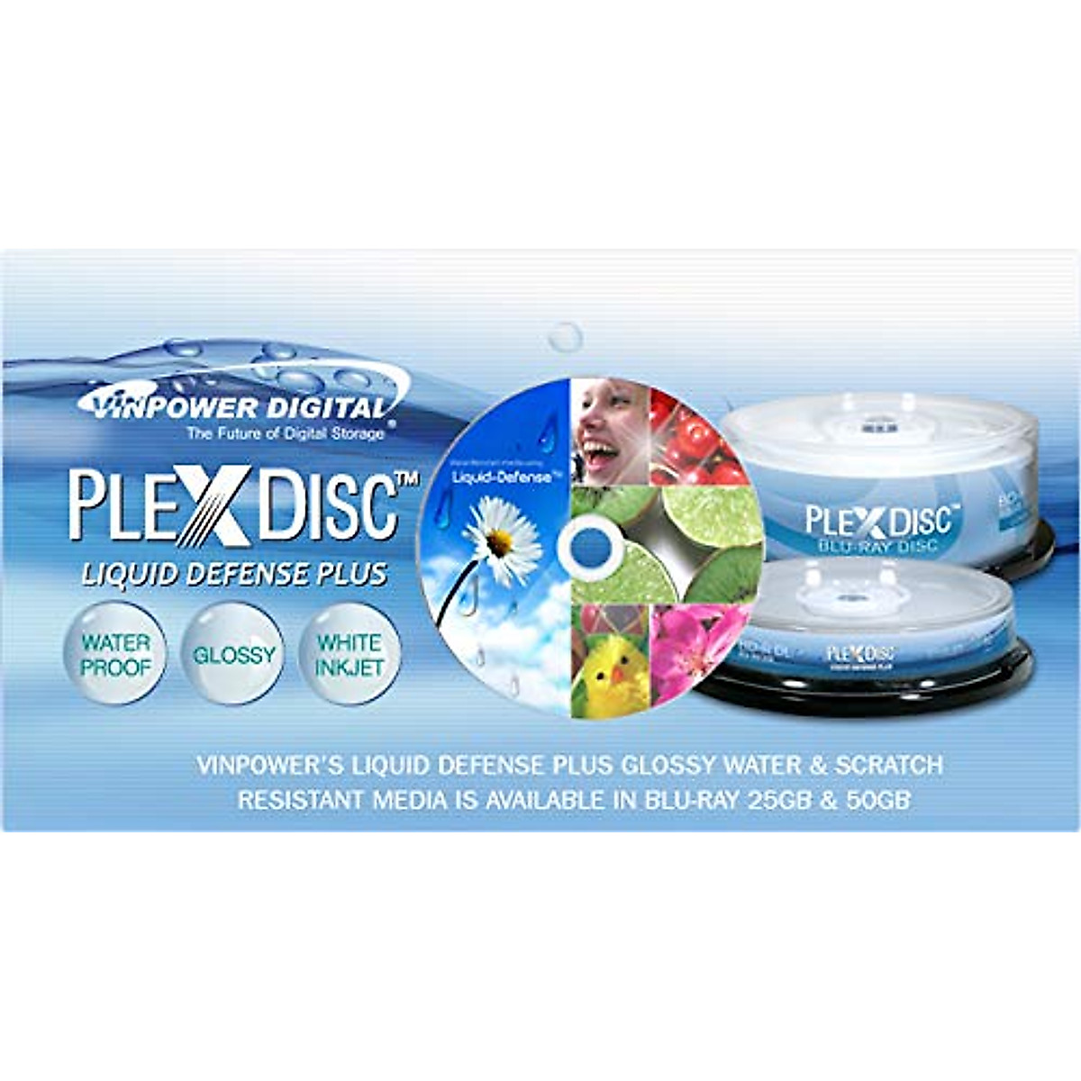 PlexDisc Water Resistant Glossy White Inkjet Printable BD-R 6x 25GB Blu-ray, 25 Disc Spindle