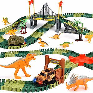 Dinosaur Track Toys with 227PCS Flexible Track, 1 Dinosaur Car, 1 Race Car, 8 Dinosaurs for 3 4 5 6+ Year Old Boys Girls Best Gift, Create A Unique Dinosaur World Road Race