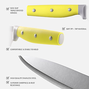 hecef Kitchen Knife Set with Magnetic Strip, 6 pcs Professional Knives Set for Kitchen, 13-inch Magnetic Strip Stainless Steel Sharp Chef Knife Set with Yellow Handle for Cutting Meat & Vegetable