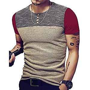 LOGEEYAR Mens Premium Fitted Short-Sleeve Contrast Color Stitching T-Shirt(Red XL)